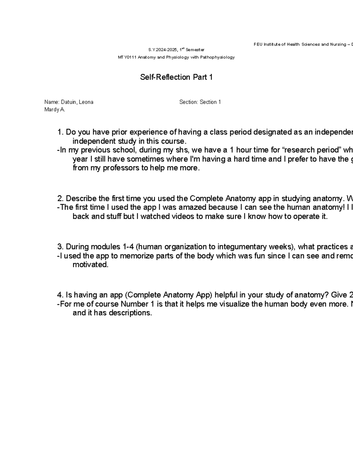 Reflection - FEU Institute of Health Sciences and Nursing – D S.Y-2025 ...