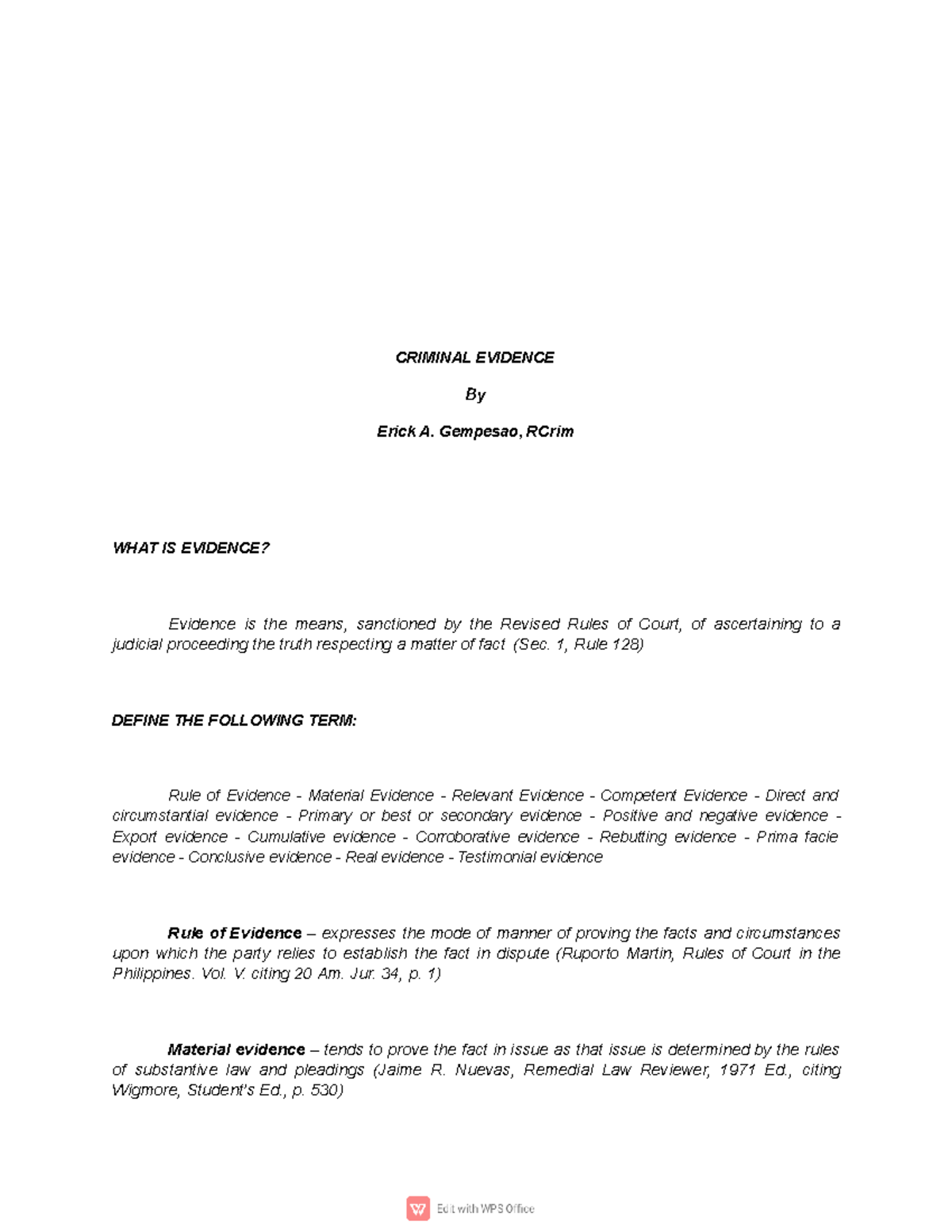 (CLJ) Criminal Evidence (1)-converted - CRIMINAL EVIDENCE By Erick A ...