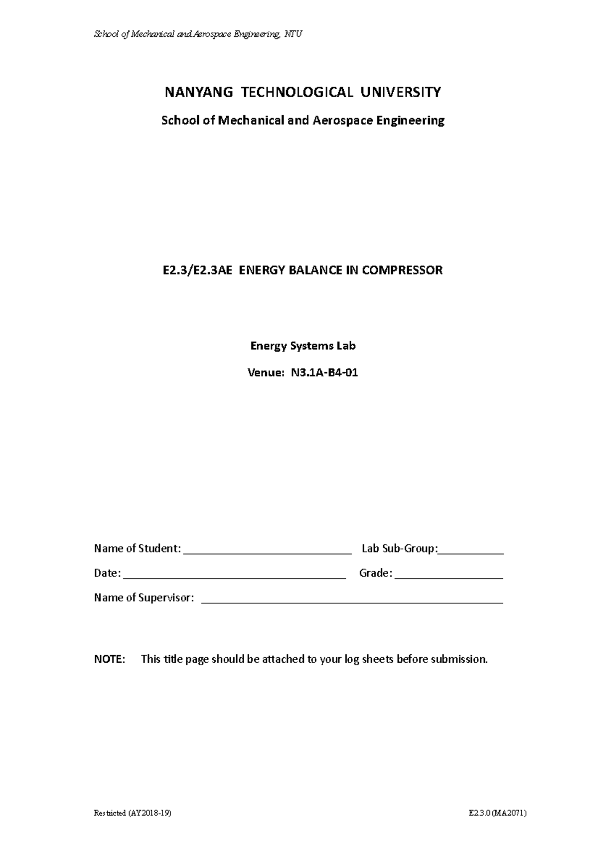 E2.3 Energy balance in compressor Lab Sheet - NANYANG TECHNOLOGICAL ...