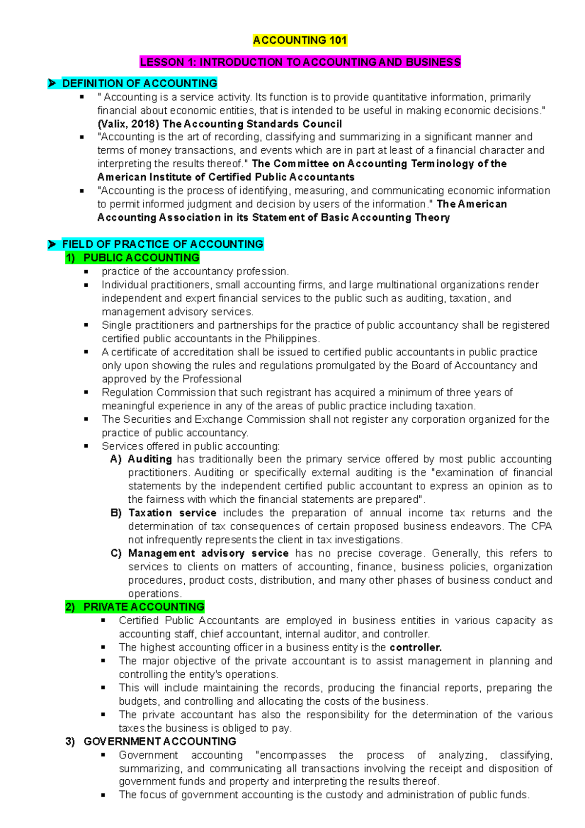 Reviewer Accounting 101 Final - ACCOUNTING 101 LESSON 1: INTRODUCTION ...