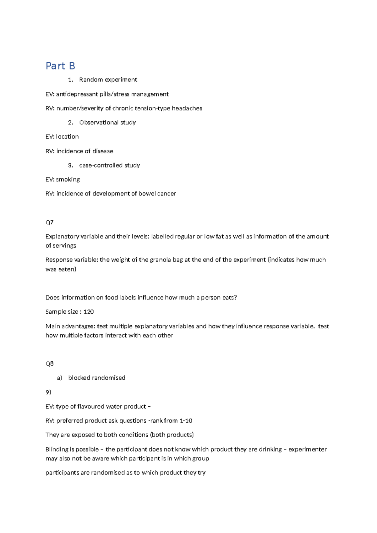 SCI1020 worksheet 1 - Part B 1. Random experiment EV: antidepressant pills/stress management RV ...