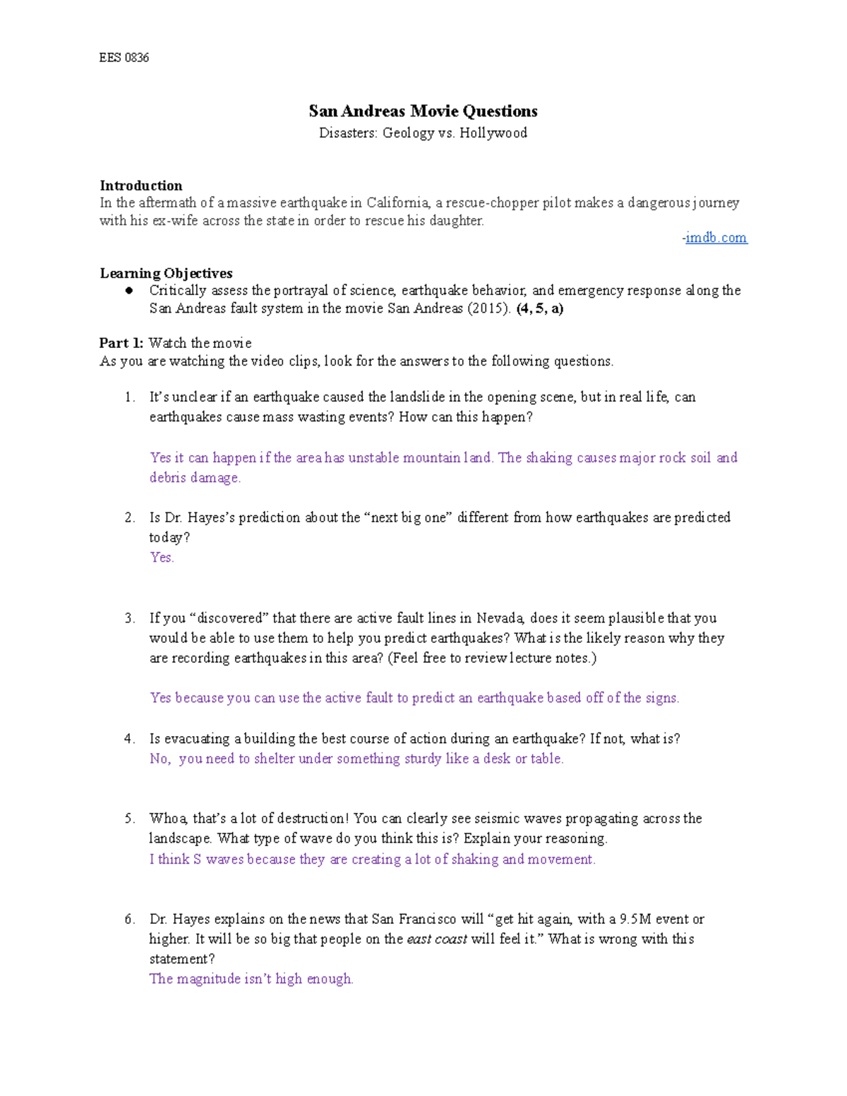 MQ San Andreass - Homework - EES 0836 San Andreas Movie Questions ...