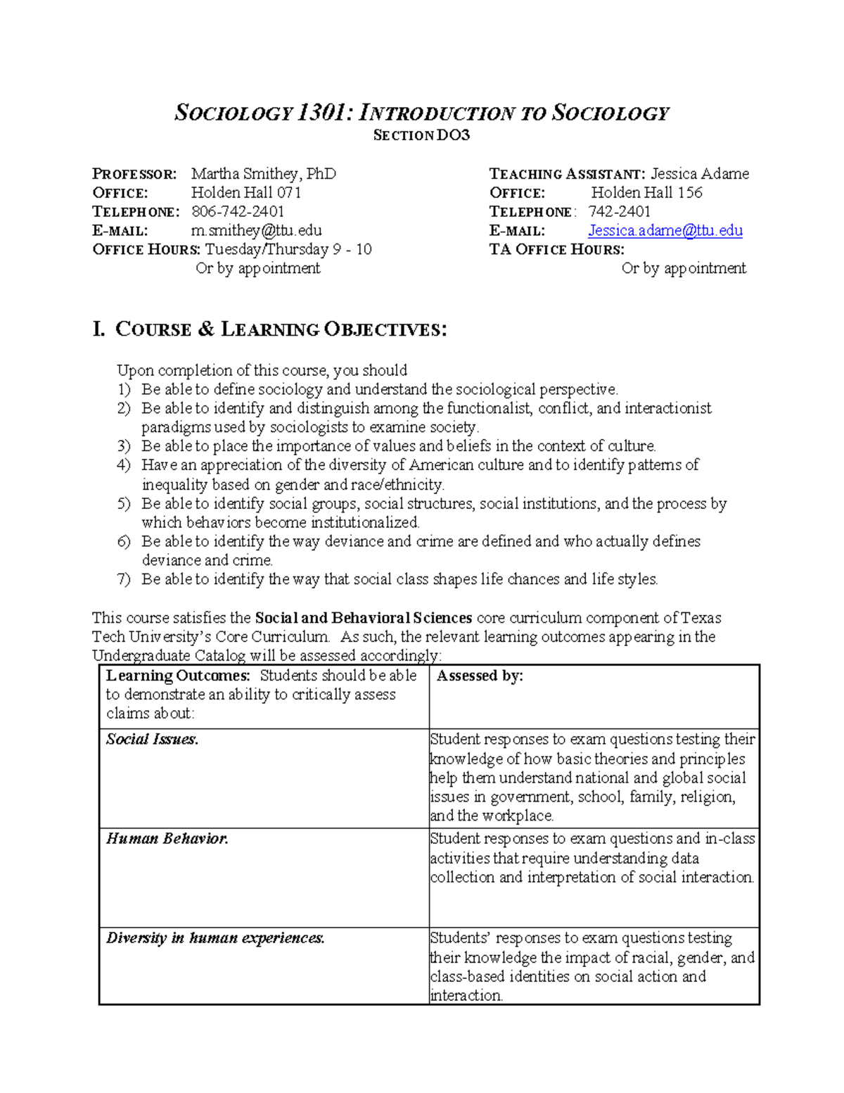 Sociology 1301 Syllabus - SOCIOLOGY 1301: INTRODUCTION TO SOCIOLOGY ...