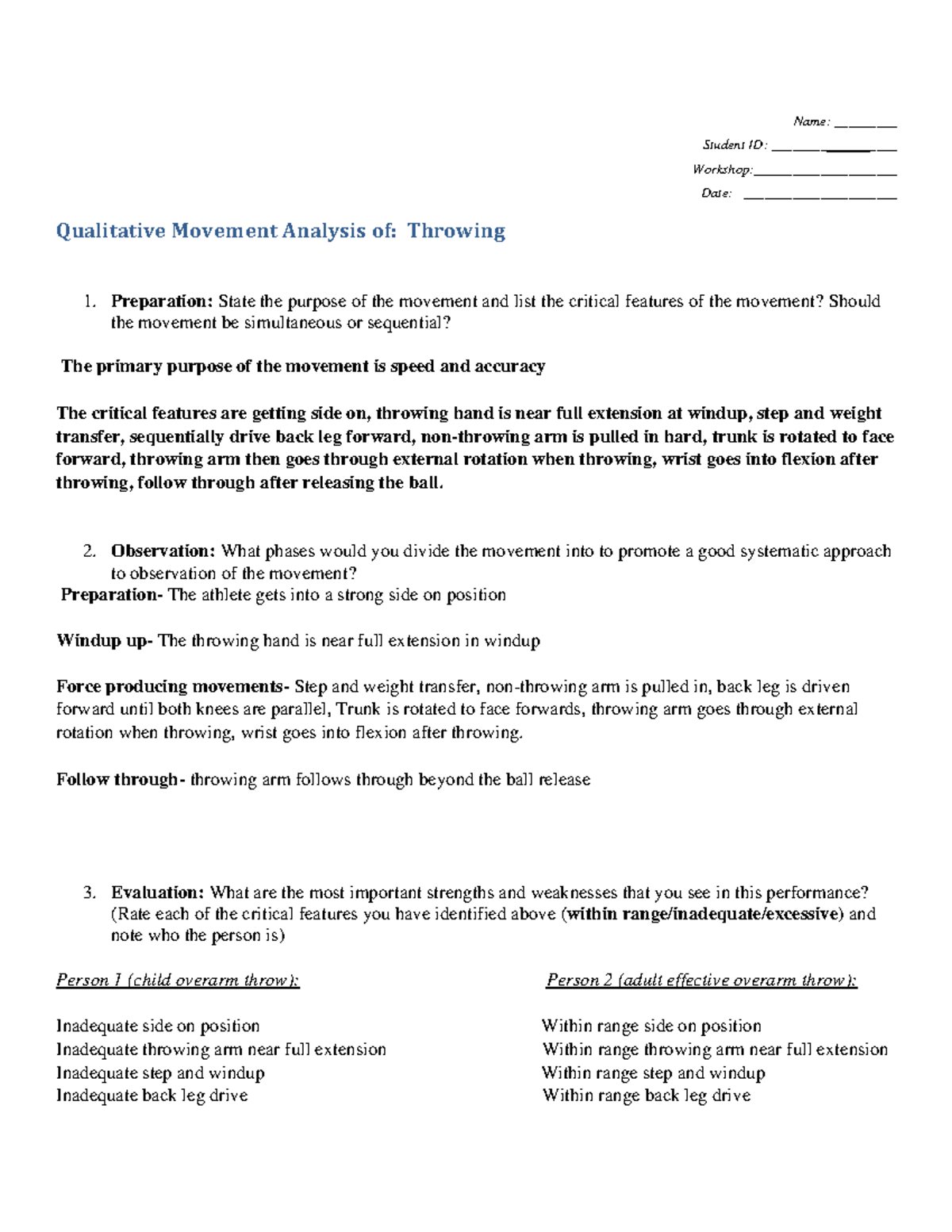 Qualitative movement analysis-Throwing - Name: _________ Student ID ...