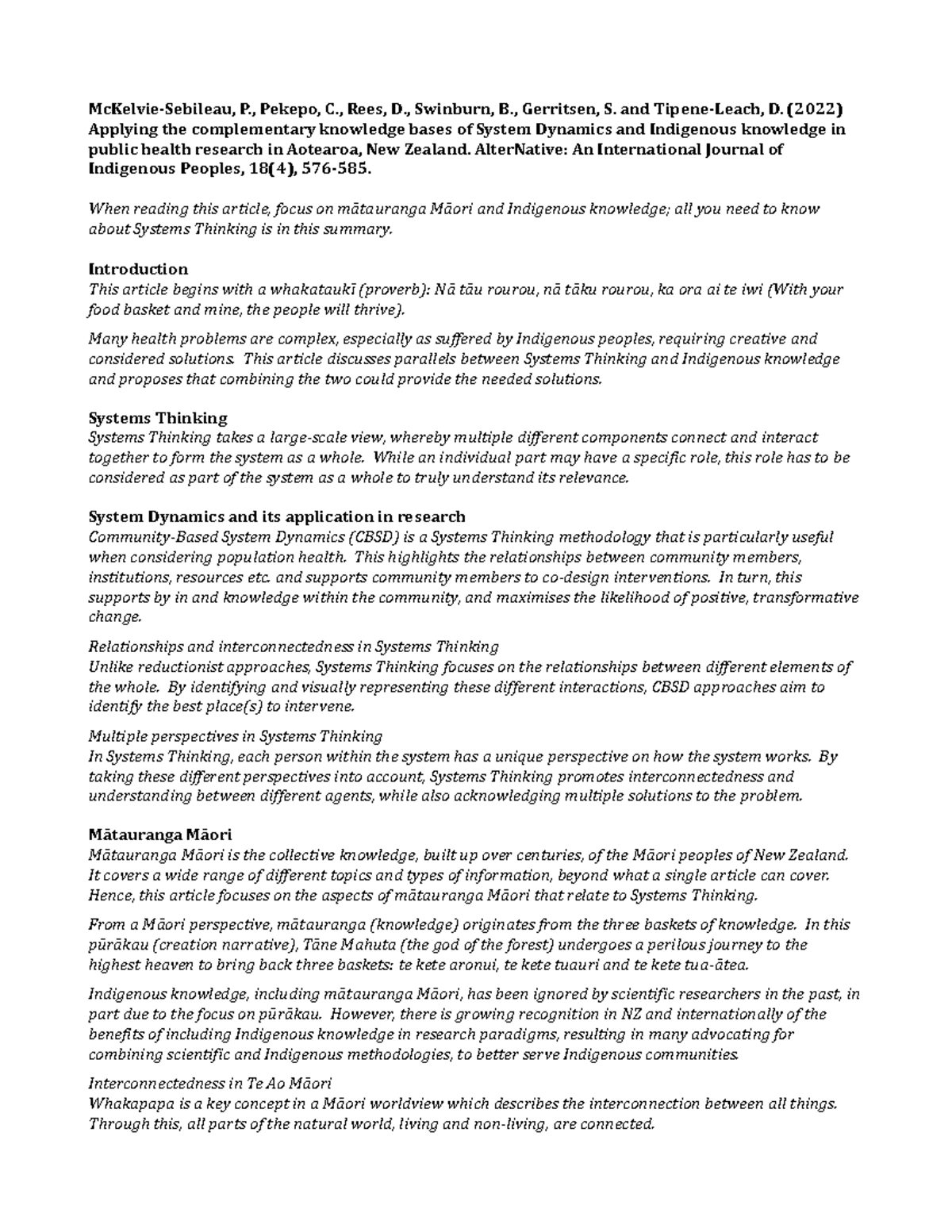 Lecture 8 - reading summary - McKelvie-Sebileau, P., Pekepo, C., Rees ...