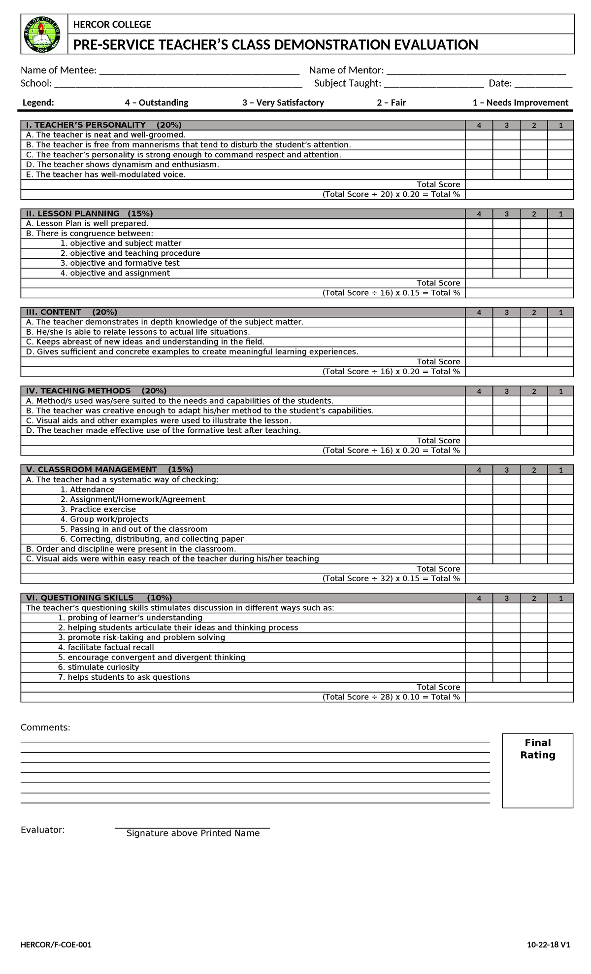 Rhea evaluation form - HERCOR COLLEGE PRE-SERVICE TEACHER’S CLASS DEMONSTRATION EVALUATION Name ...