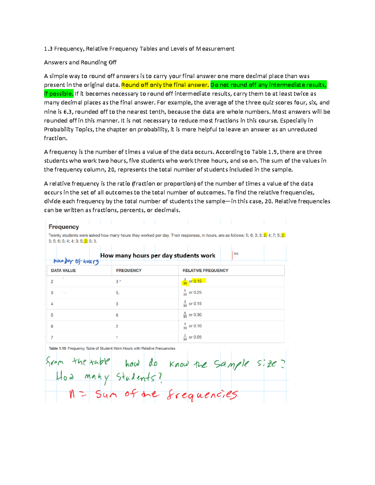 1.3 Frequency, Relative Frequency Tables and Levels of Measurement - Round off only the final ...