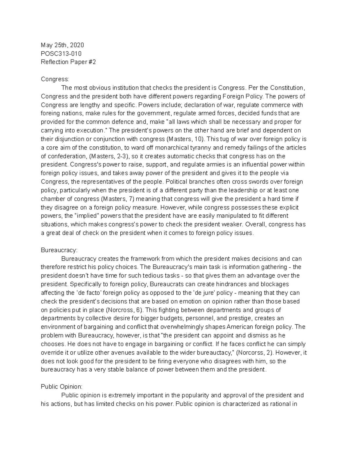 Reflection Paper 2 - May 25th, 2020 POSC313- Reflection Paper ...