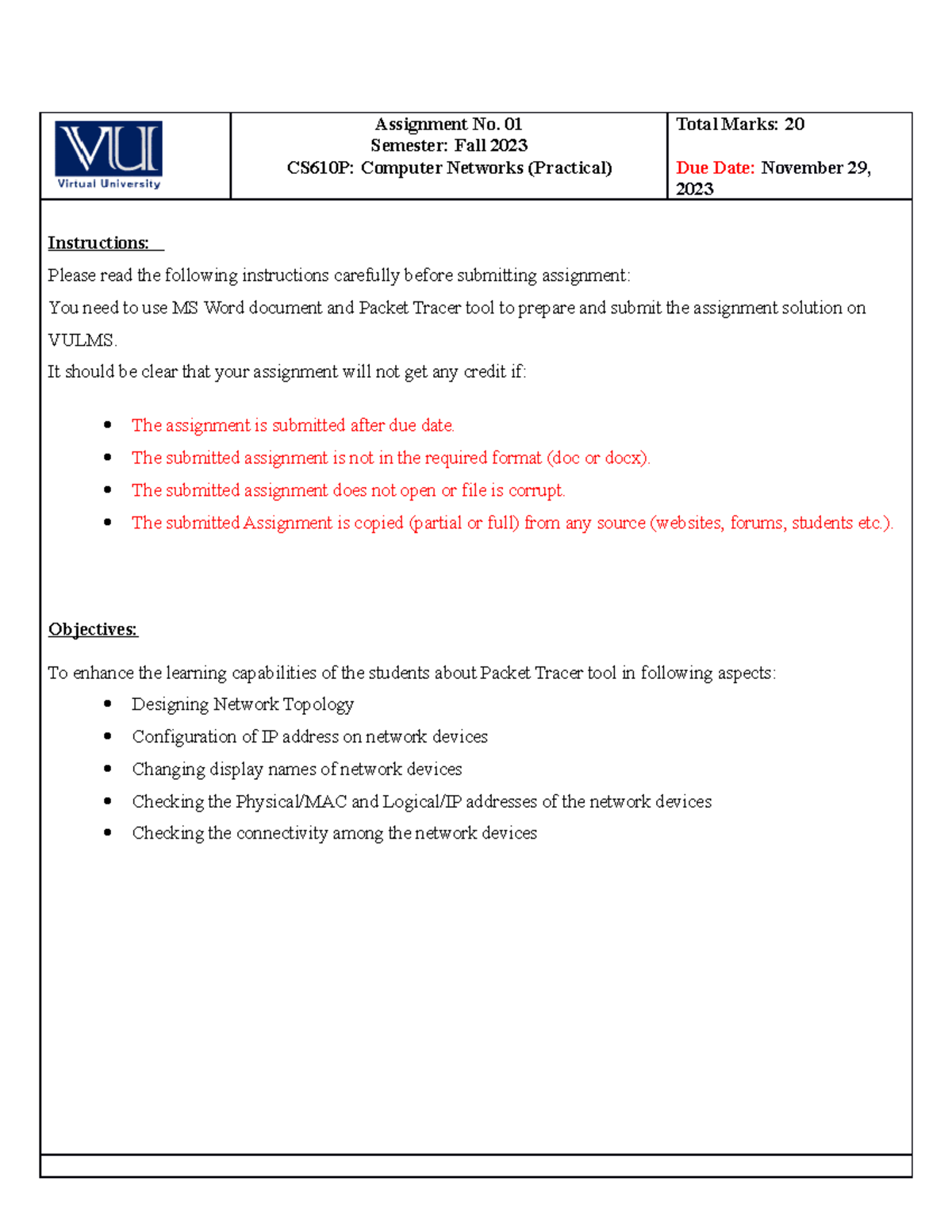 Fall 2023 CS610P 1 - Assignment No. 01 Semester: Fall 202 3 CS610P: Computer Networks (Practical ...
