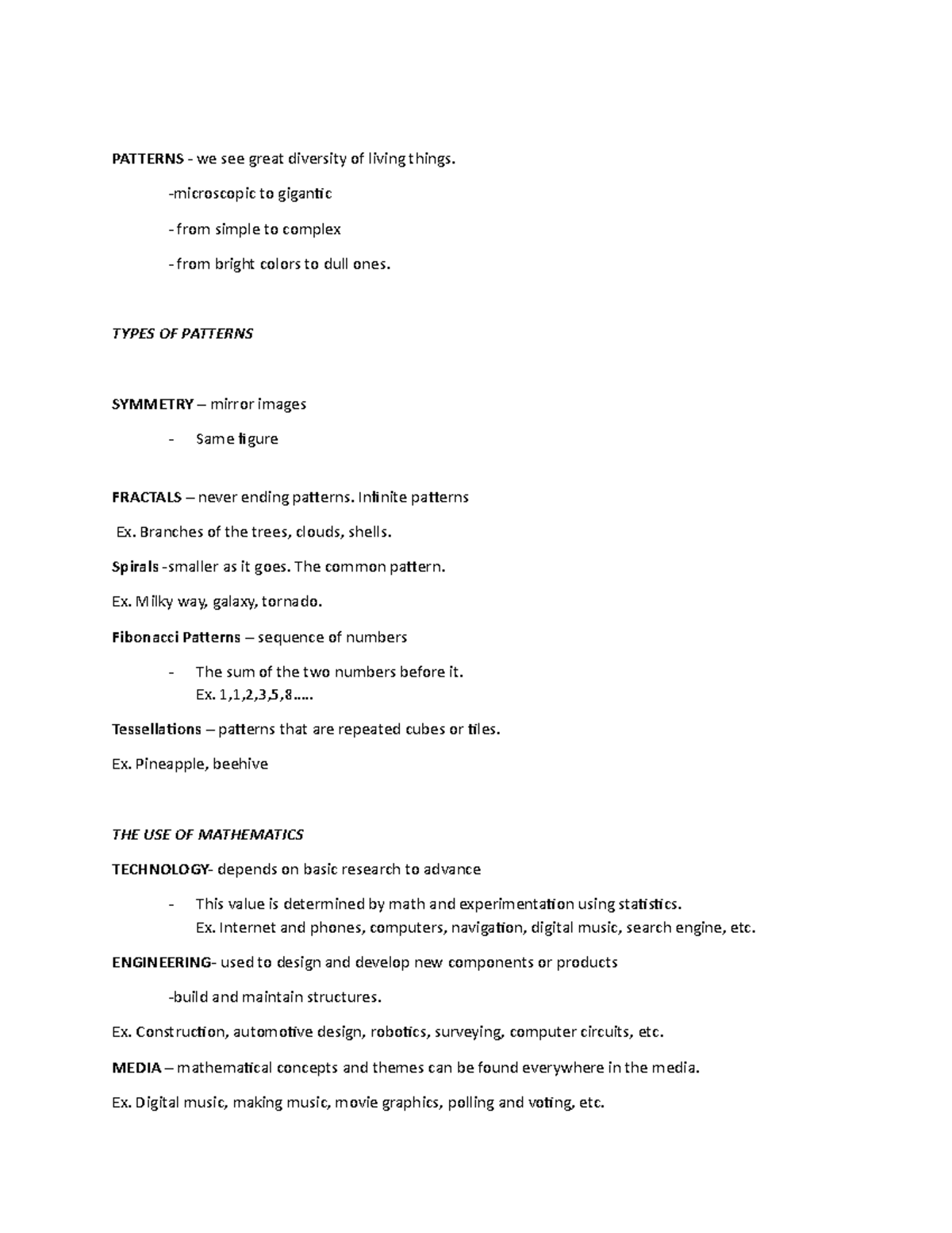 MATH- Pointers - help - PATTERNS - we see great diversity of living ...