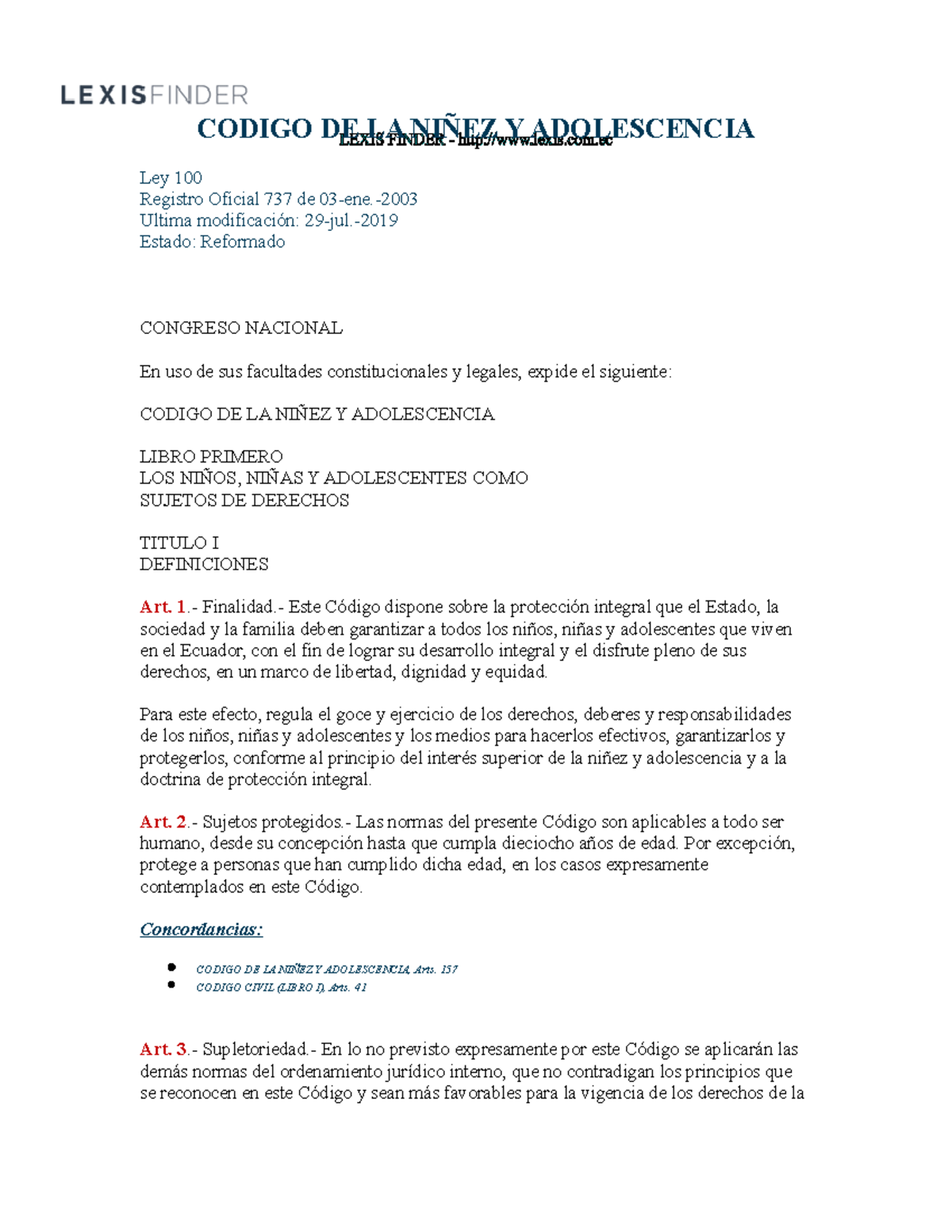 Civil- Codigo DE LA Ninez Y Adolescencia - CODIGO DE LA NIÑEZ Y ADOLESCENCIA Ley 100 Registro ...