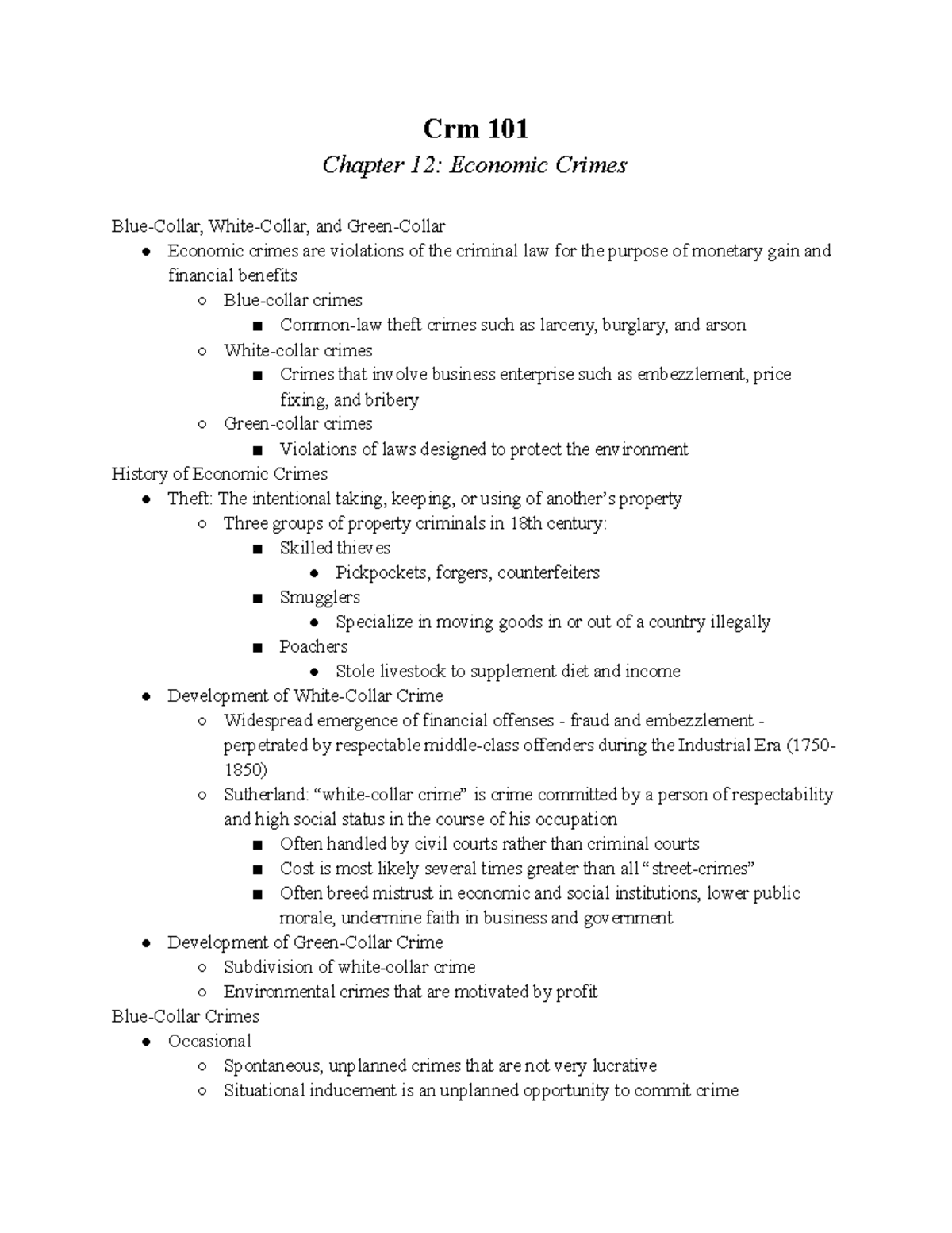 Crm 101 Chapter 12 - Economic Crimes - Crm 101 Chapter 12: Economic Crimes Blue-Collar, - Studocu