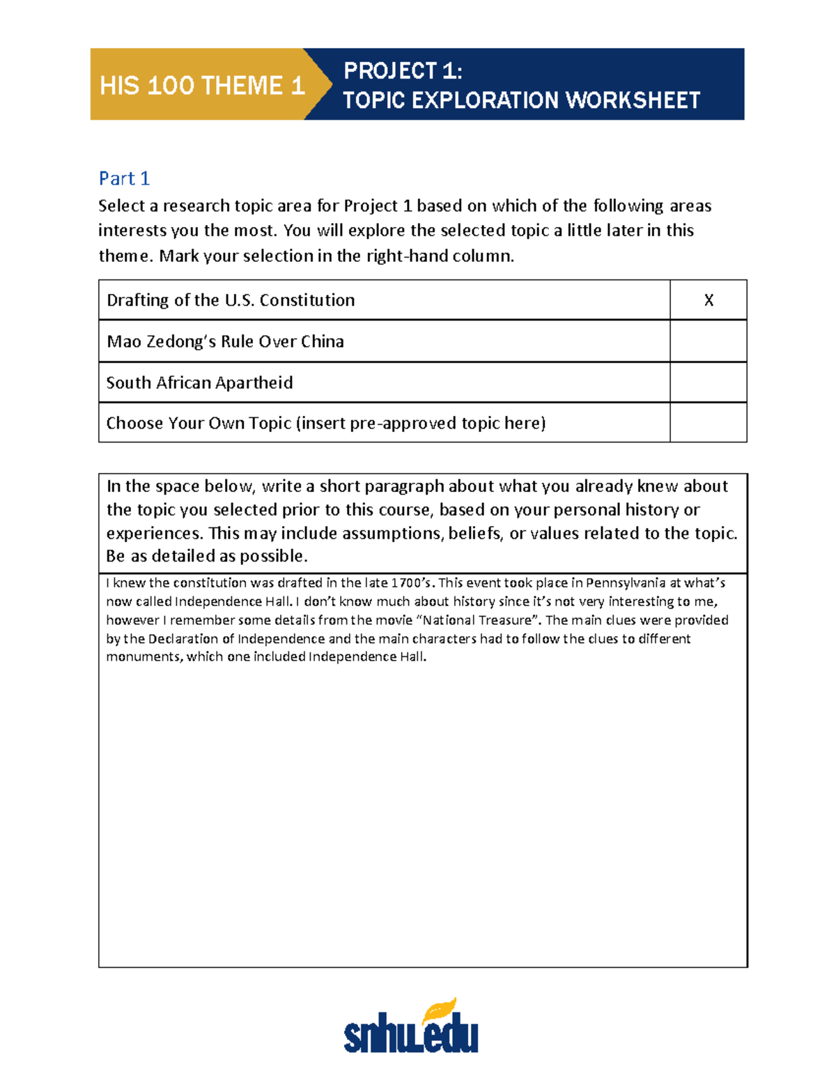 HIS 100 Topic Exploration Worksheet Morningstar - TOPIC EXPLORATION ...
