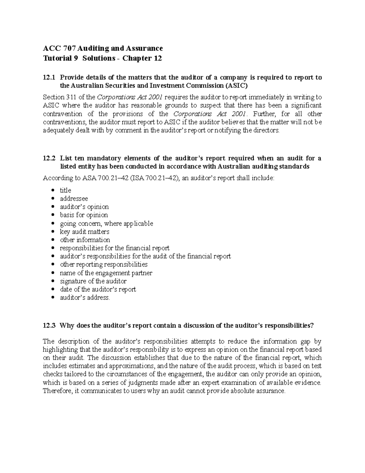 Tutorial 9 Assurance and Auditing Solutions - Chapter 12 - ACC 707 Auditing and Assurance ...
