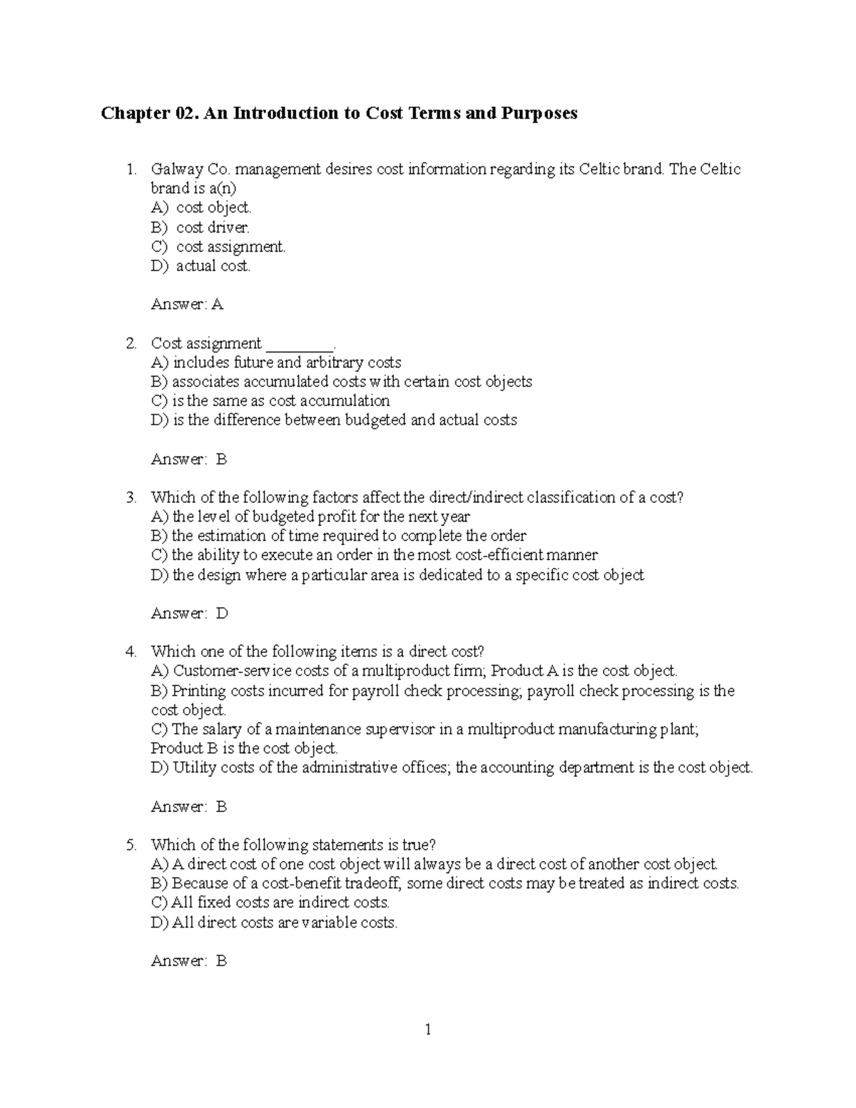 CH 2 Sample Problem Set - Chapter 02. An Introduction to Cost Terms and Purposes Galway Co ...
