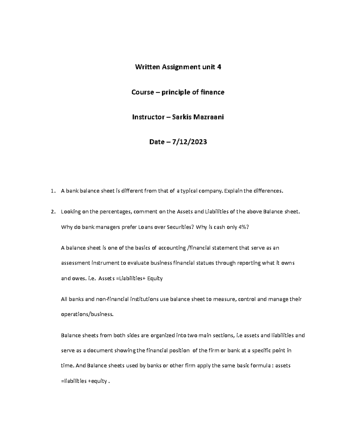 Principles of finance written assignment unit 4 - Written Assignment unit 4 Course – principle ...