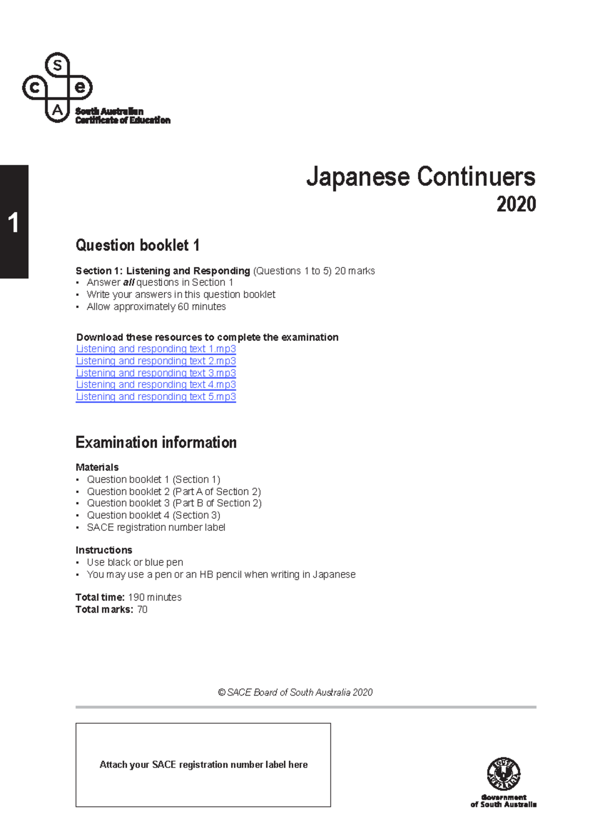 2020 Japanese Continuers Examination Paper and Audio Files - 1 Attach ...