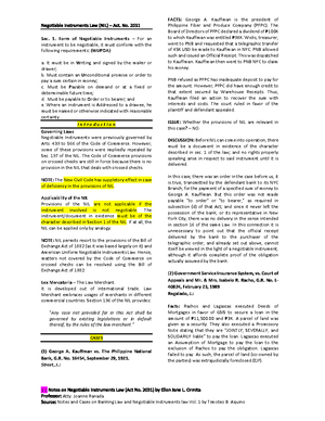 Notes on Negotiable Instruments Law - - Studocu