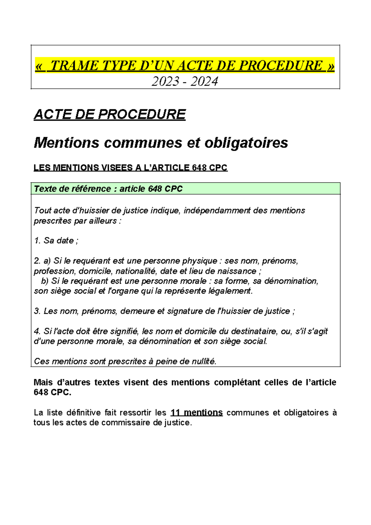 cours sur les actes de procédure civil - « TRAME TYPE D’UN ACTE DE ...