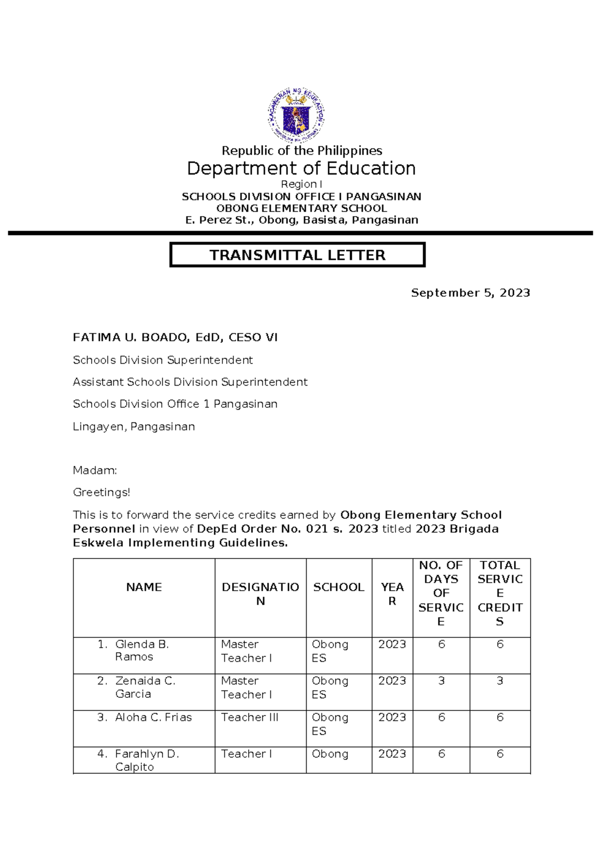 BE 2023 Service Credits Transmittal - Republic of the Philippines ...