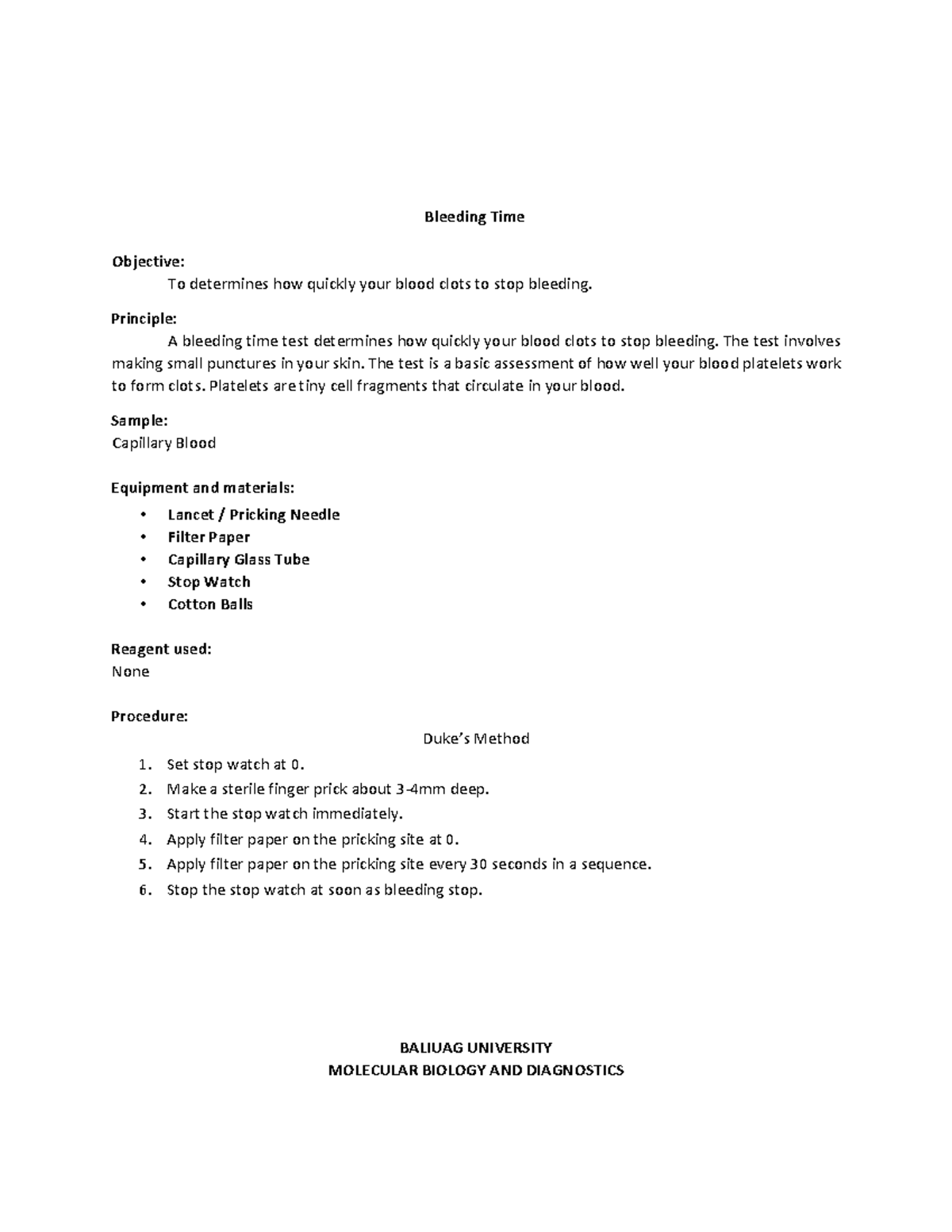 Bleeding Time - Bleeding Time Objective: To determines how quickly your ...