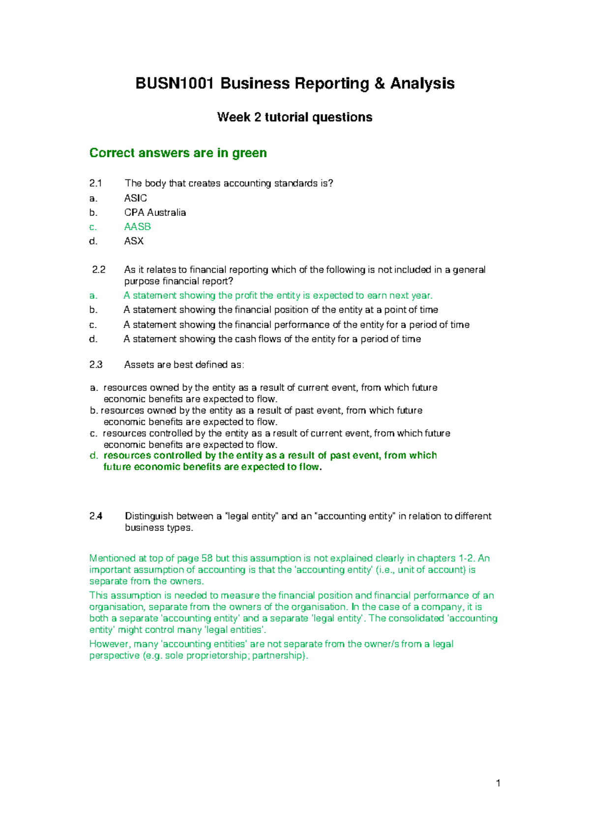 Tutorial Solutions - Week 2 - 1 BUSN1001 Business Reporting & Analysis Week 2 tutorial questions ...