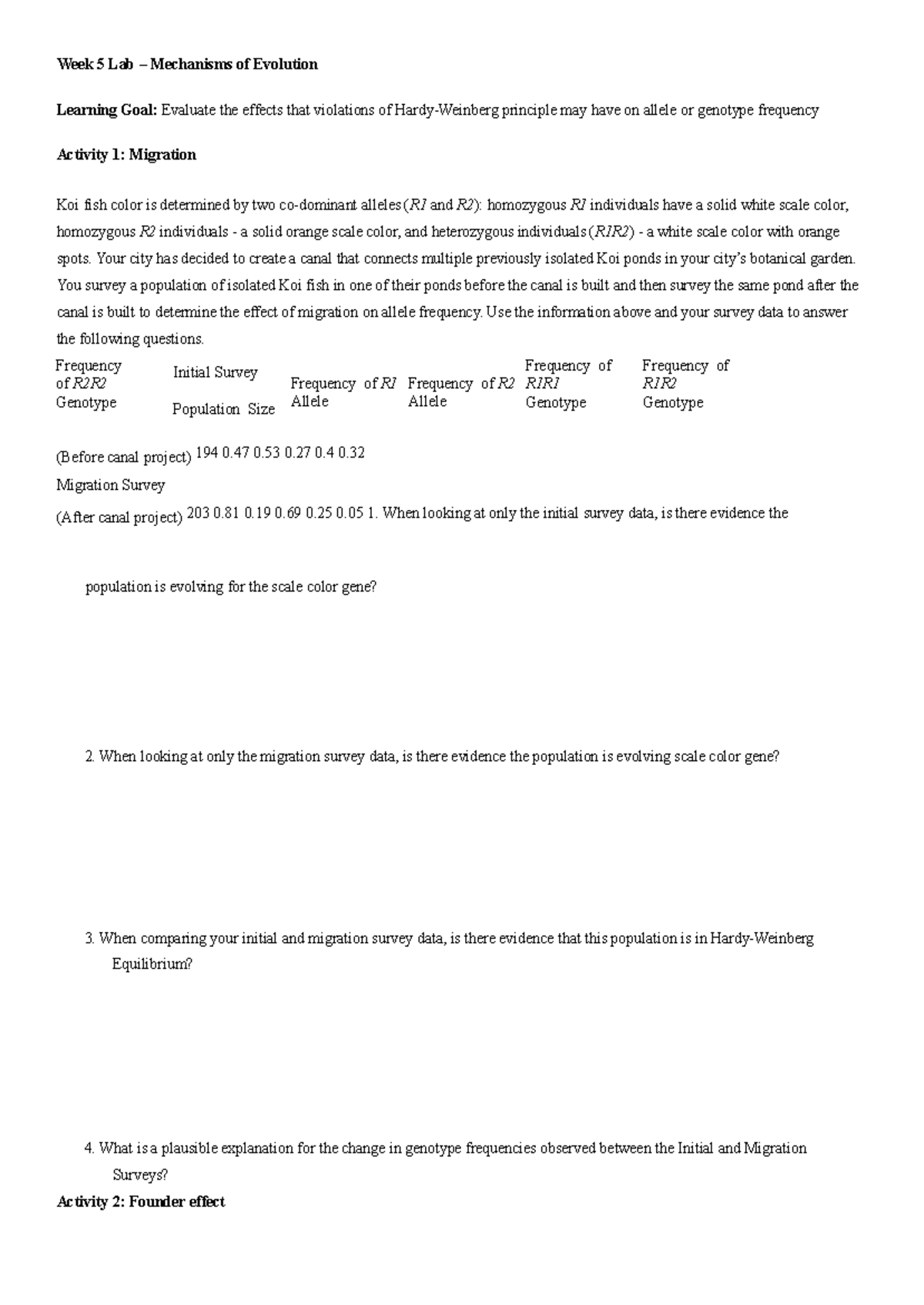 Week 5 Lab - Mechanism of Evolution - Week 5 Lab – Mechanisms of Evolution Learning Goal ...