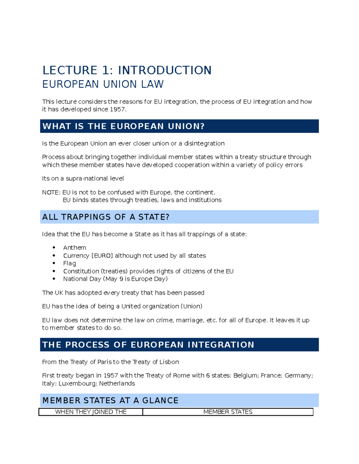 Lecture 1 - LECTURE 1: INTRODUCTION EUROPEAN UNION LAW This lecture ...
