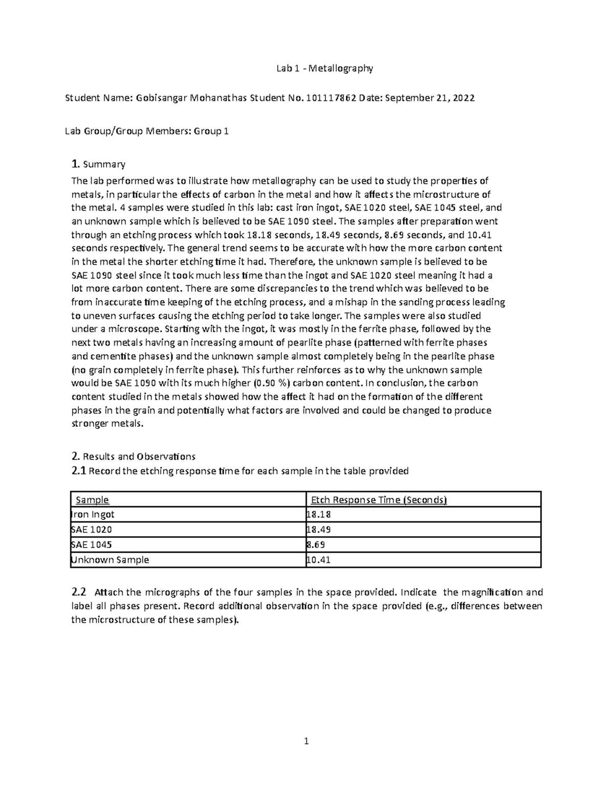 MAAE2700 Lab 01 Metallography - 101117862 - Lab 1 ‐ Metallography ...