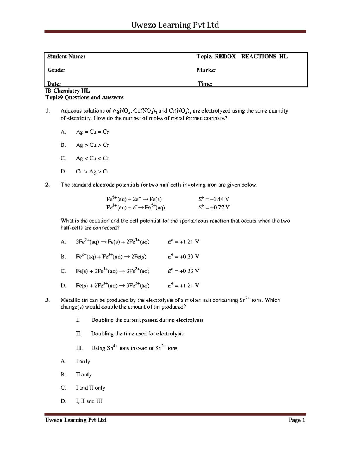 Redox HL QP L1 - Student Name: Topic: REDOX REACTIONS_HL Grade: Marks ...
