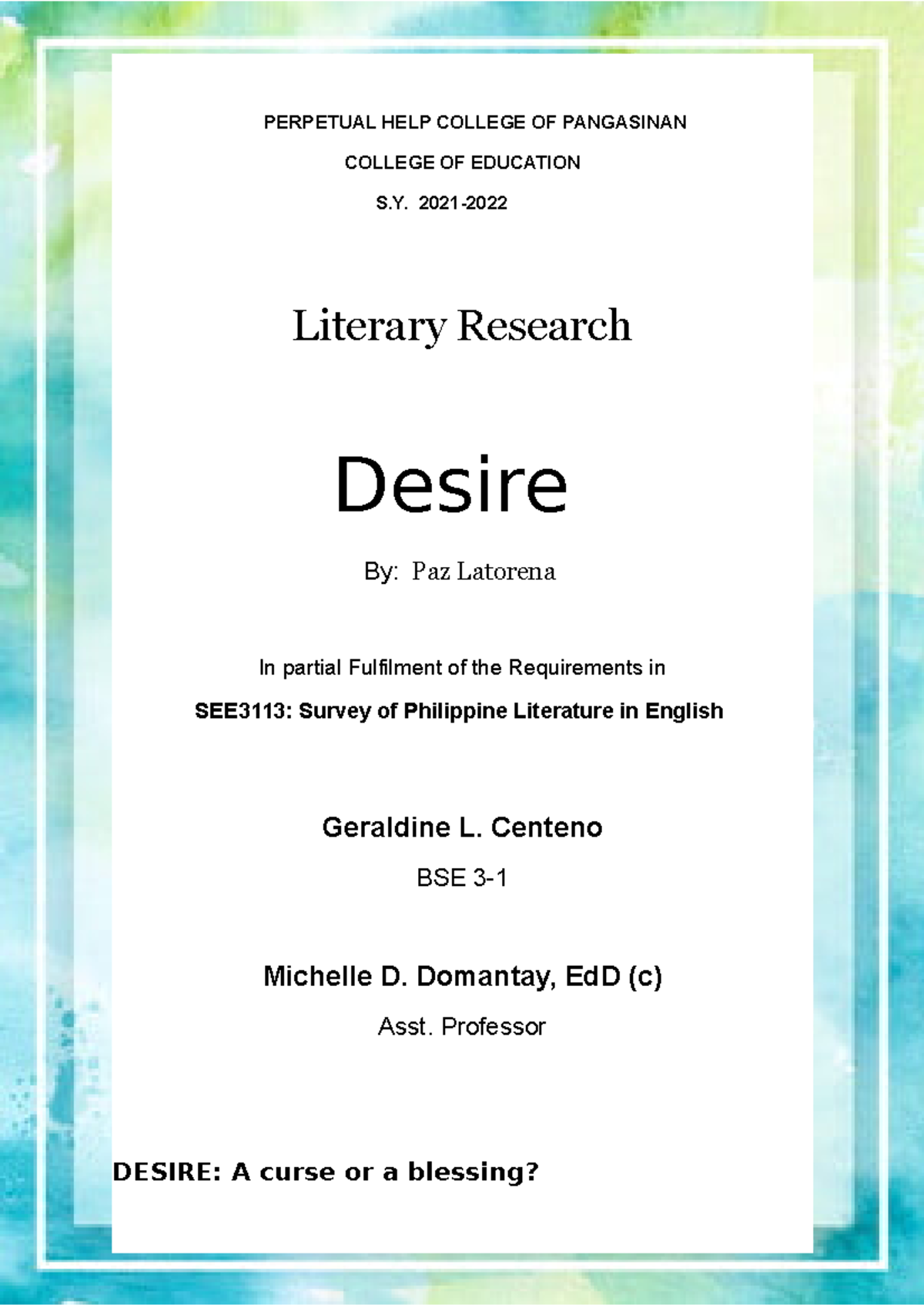 Literary-Research— Desire - PERPETUAL HELP COLLEGE OF PANGASINAN ...