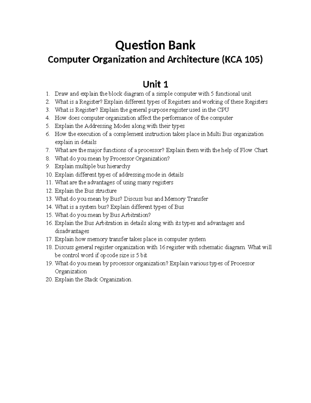 COA Unit 1,3,4,5 Question Bank - Computer Organization and Architecture ...