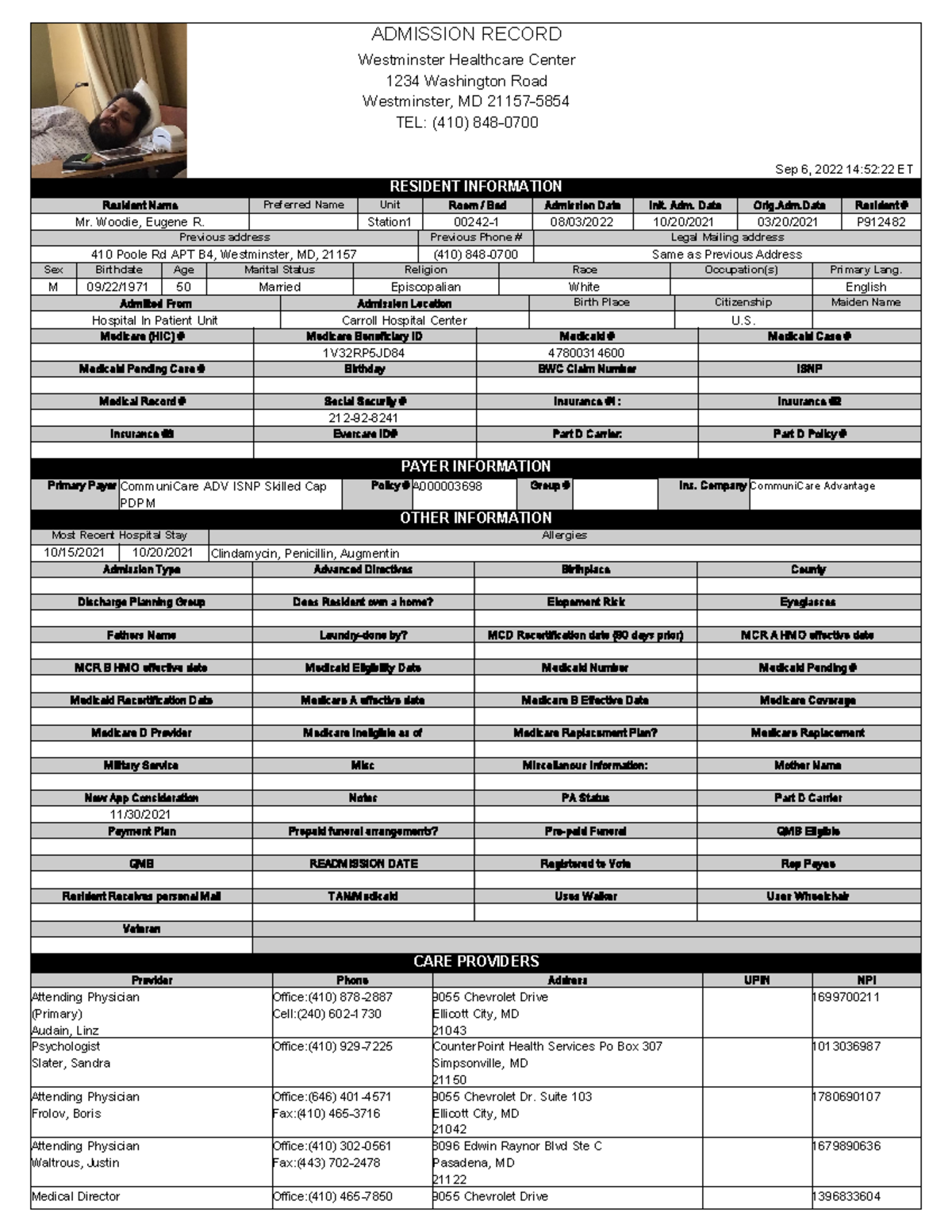 Woodie Eugene - assignment - ADMISSION RECORD Westminster Healthcare ...