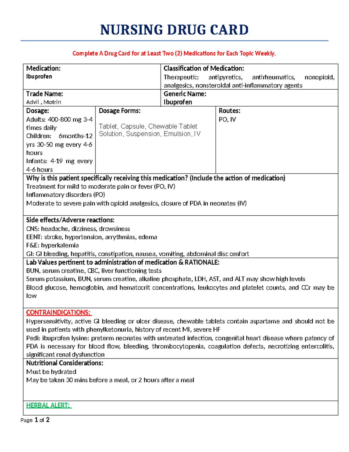 drug card pharmacology - NURSING DRUG CARD Complete A Drug Card for at ...