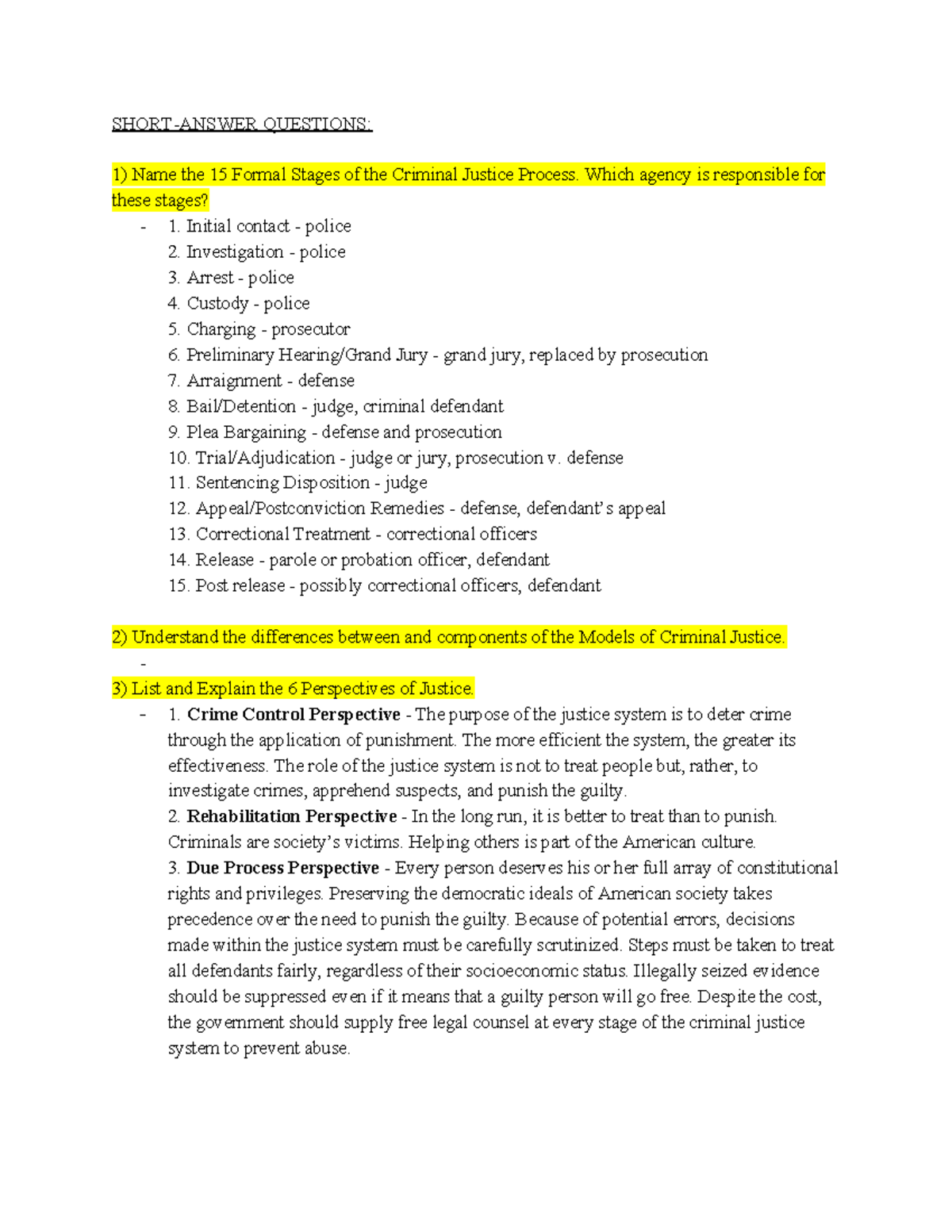 Foundations of Criminal Justice: Short Answer Questions - SHORT-ANSWER ...
