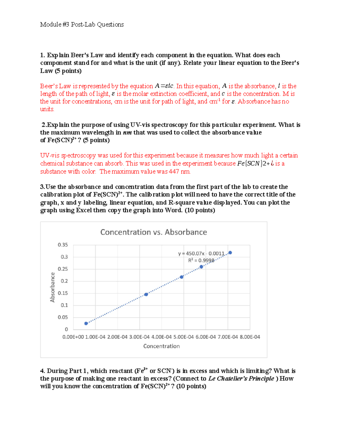 Module #3 Post lab - chm2046l - Explain Beer's Law and identify each component in the equation ...