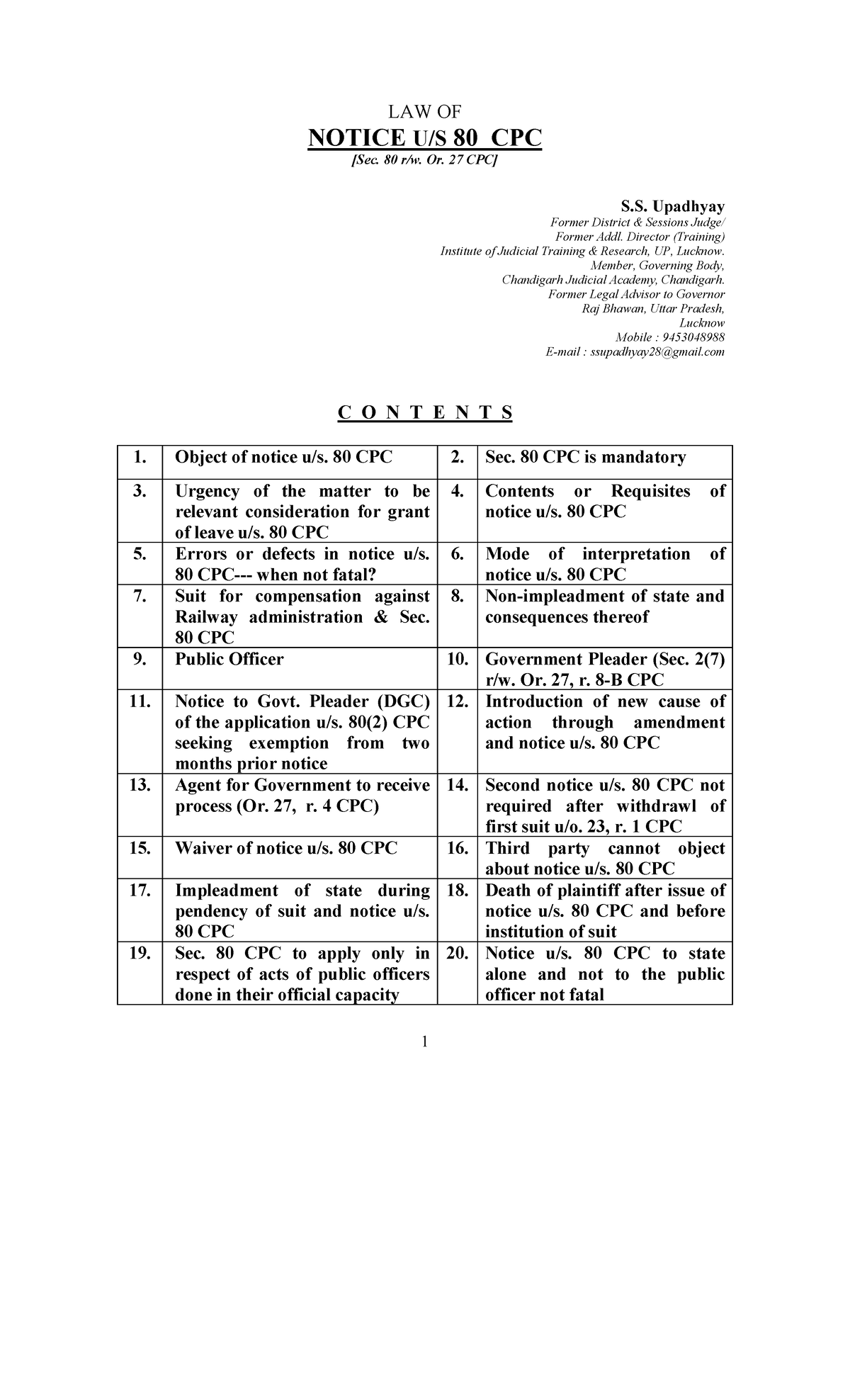 Notice -80 CPC - Drafting - LAW OF NOTICE U/S 80 CPC [Sec. 80 r/w. Or. 27 CPC] S. Upadhyay ...