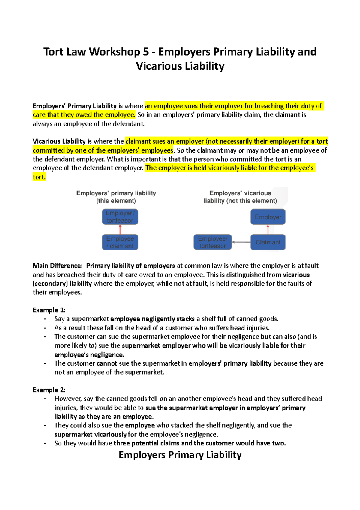 Prepare Work - Tort Law Workshop 5 - Employers Primary Liability and ...