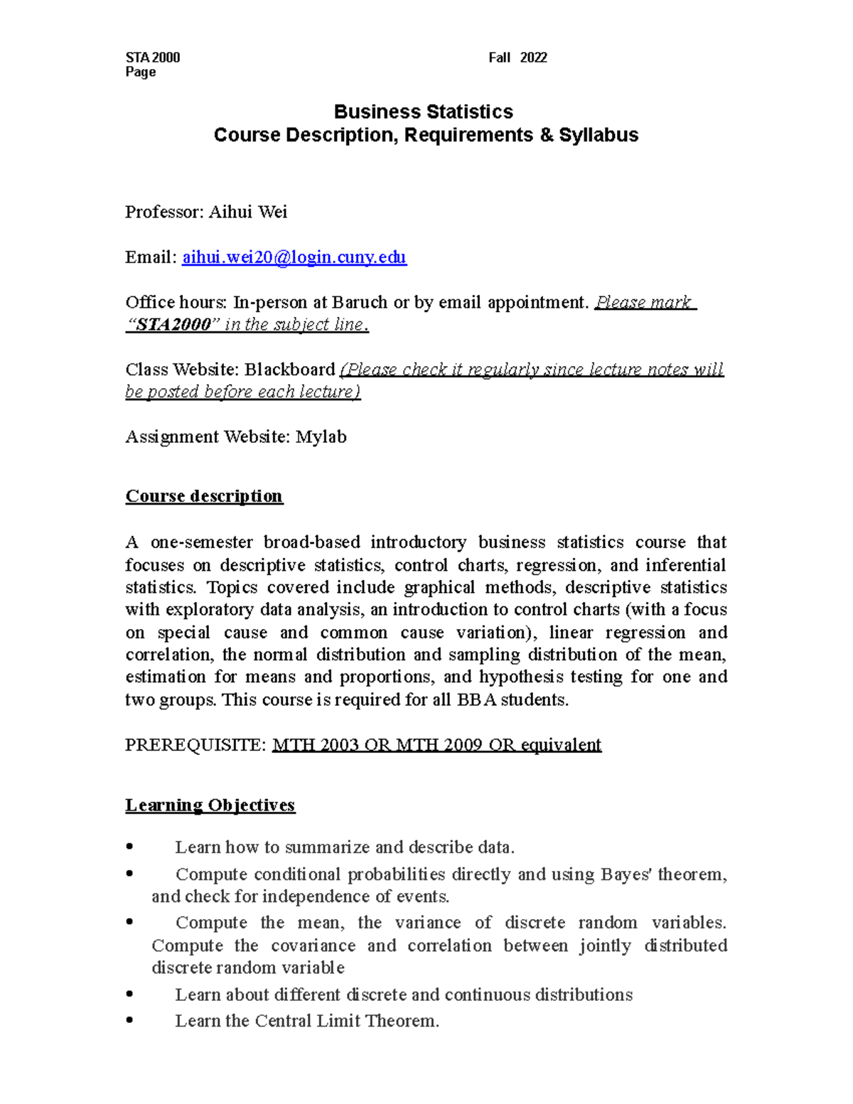 Syllabus-STAT2000-BMWA - Page Business Statistics Course Description ...