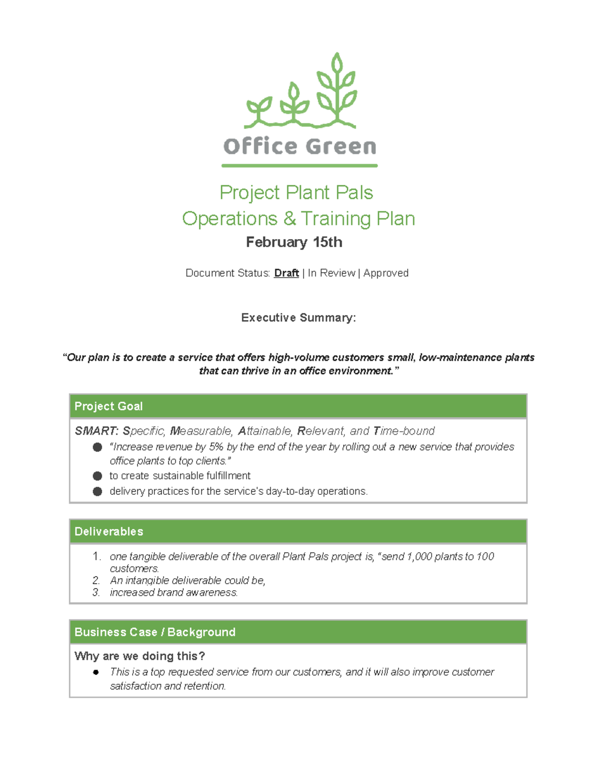 Commerce B Honors Project Plant Pals Operations Training Plan 