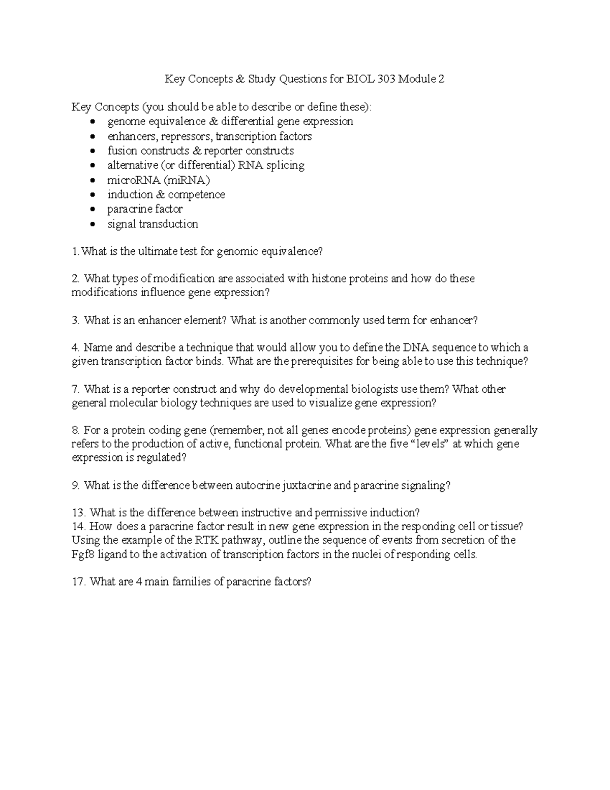 Study questions module 2 - Key Concepts & Study Questions for BIOL 303 ...