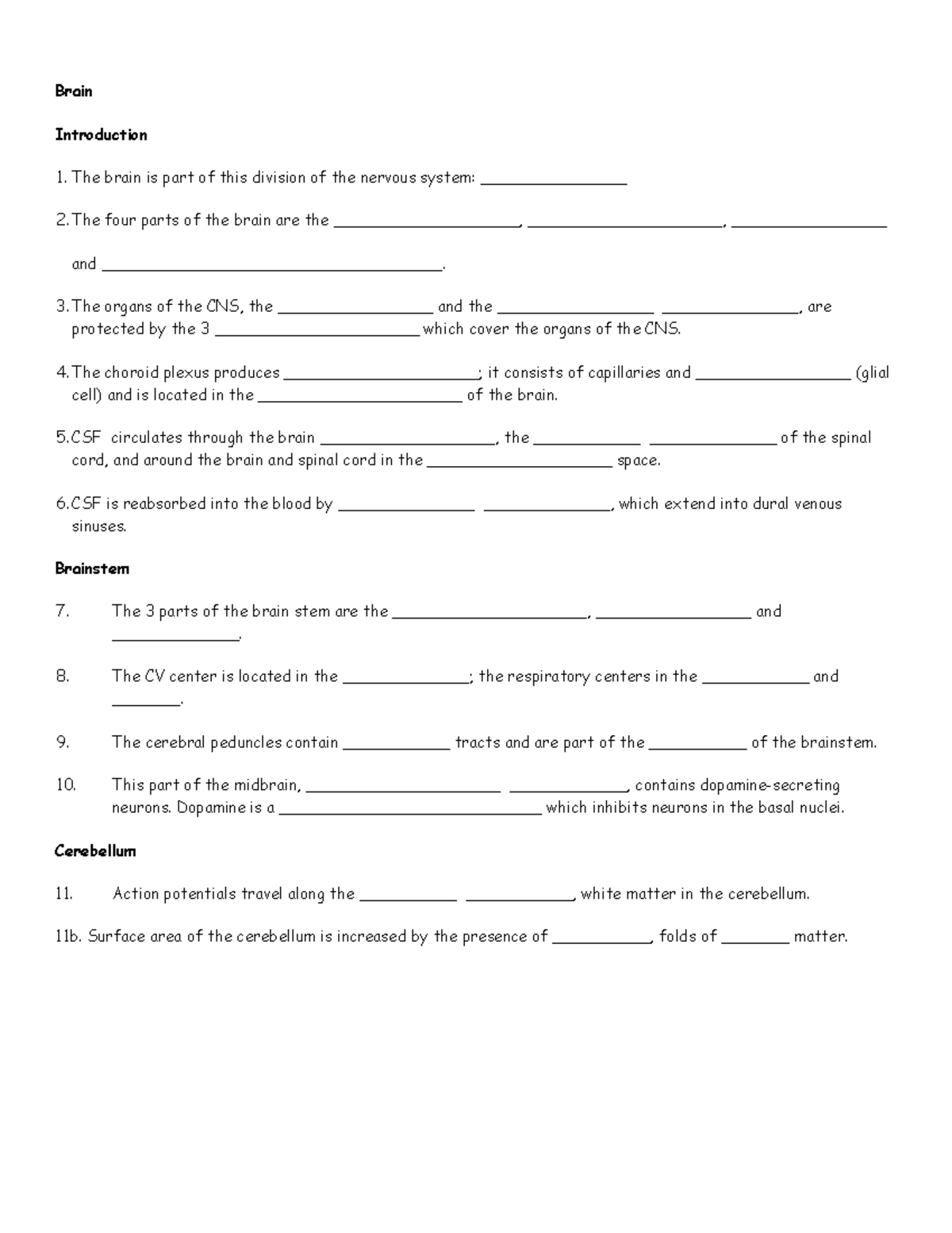 Ch 14 brain worksheet ap f18 - Brain Introduction The brain is part of ...