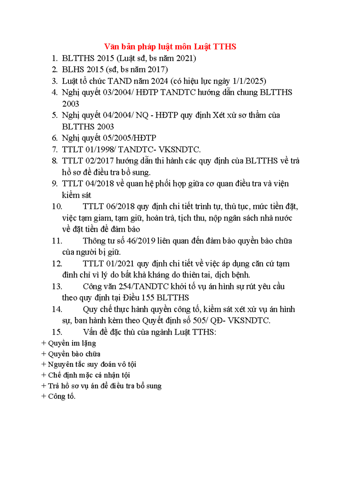 CHƯƠNG 1 - tths - Văn bản pháp luật môn Luật TTHS 1. BLTTHS 2015 (Luật sđ, bs năm 2021) 2. BLHS ...