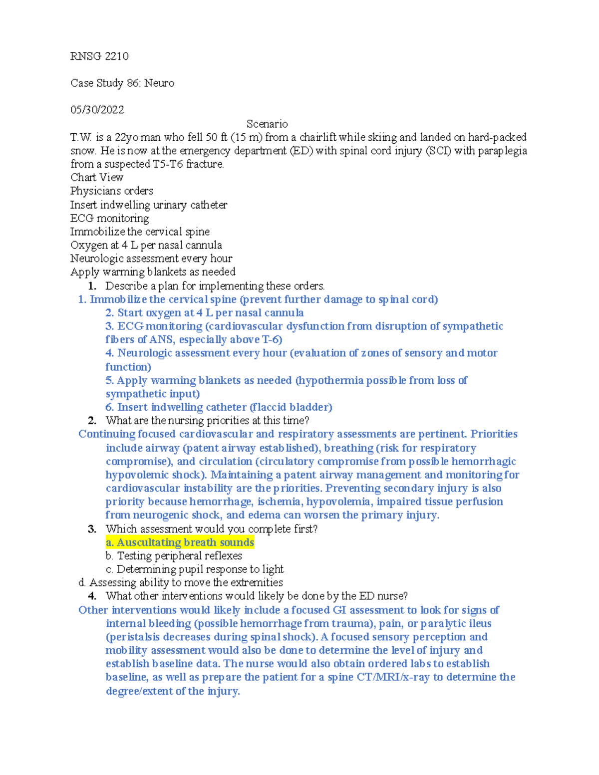 Case Study 86 neuro - good - Case Study 86: Neuro 05/30/ Scenario T. is a 22yo man who fell 50 ...