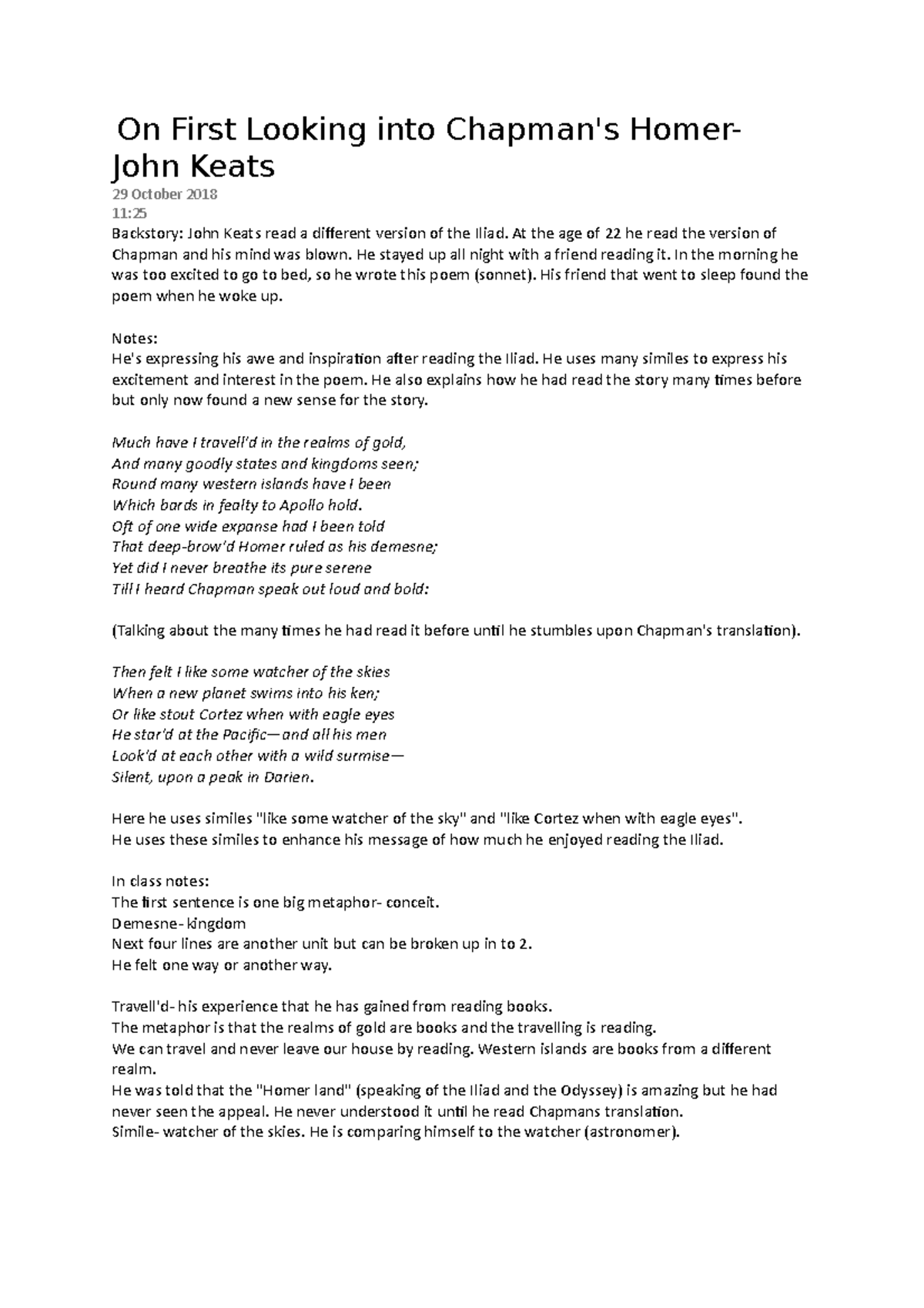 Poetry Class Notes - On First Looking into Chapman's HomerJohn Keats 29 ...