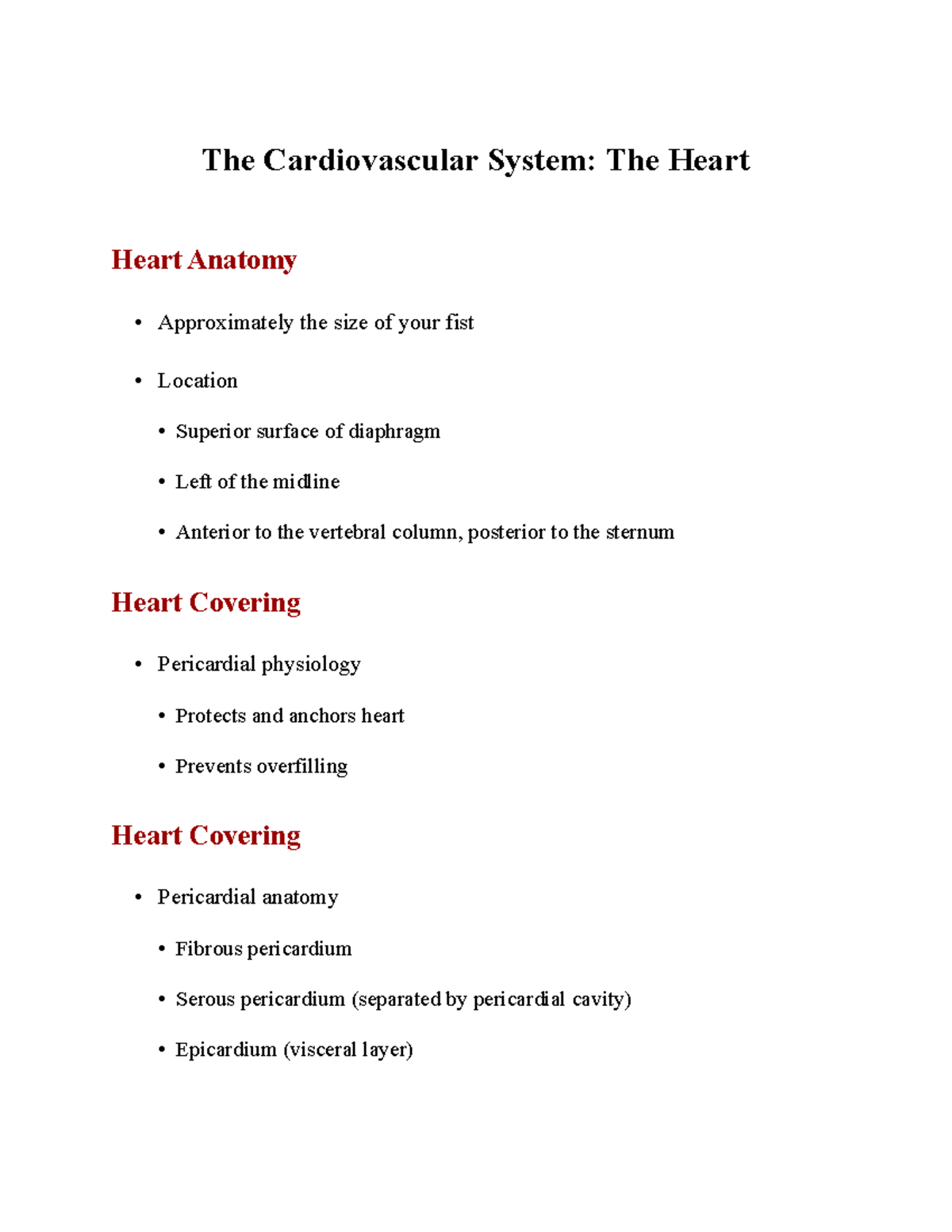 The Cardiovascular System The Heart - Studocu