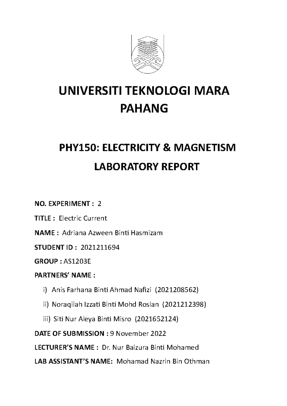 LAB Report 2 PHY - .... - UNIVERSITI TEKNOLOGI MARA PAHANG PHY150: ELECTRICITY & MAGNETISM - Studocu