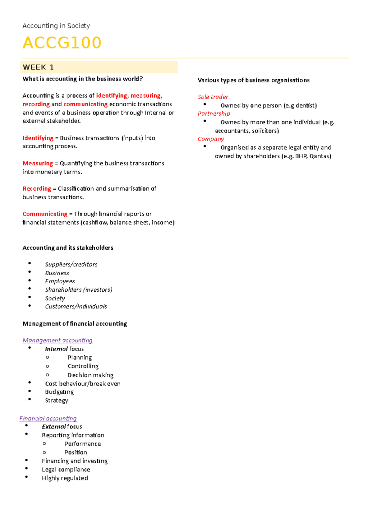 ACCG1000 Lecture 1 - Accounting in Society ACCG WEEK 1 What is accounting in the business world ...