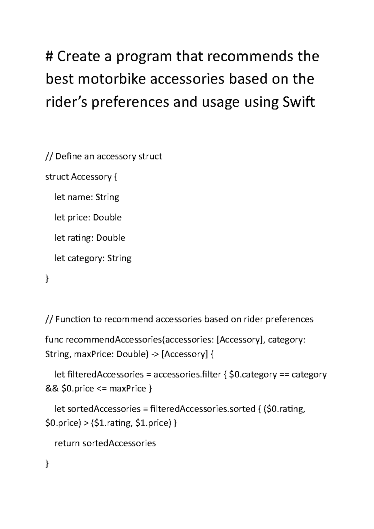 Create A Program That Recommends The Best Motorbike Accessories Based