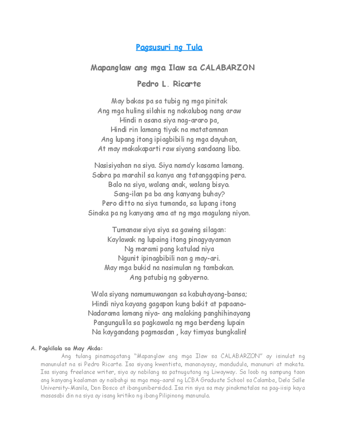 Pagsusuri ng Tula - lecture notes in panunuring pampanitikan ...